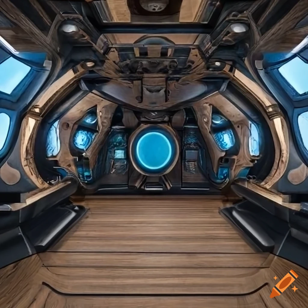 Polished oak wood interior of a spaceship on Craiyon