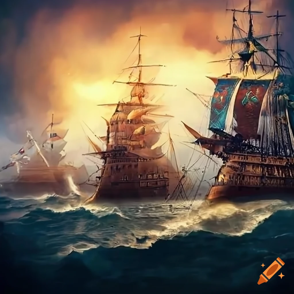 Epic medieval sea battle between battleships in photorealistic style on ...