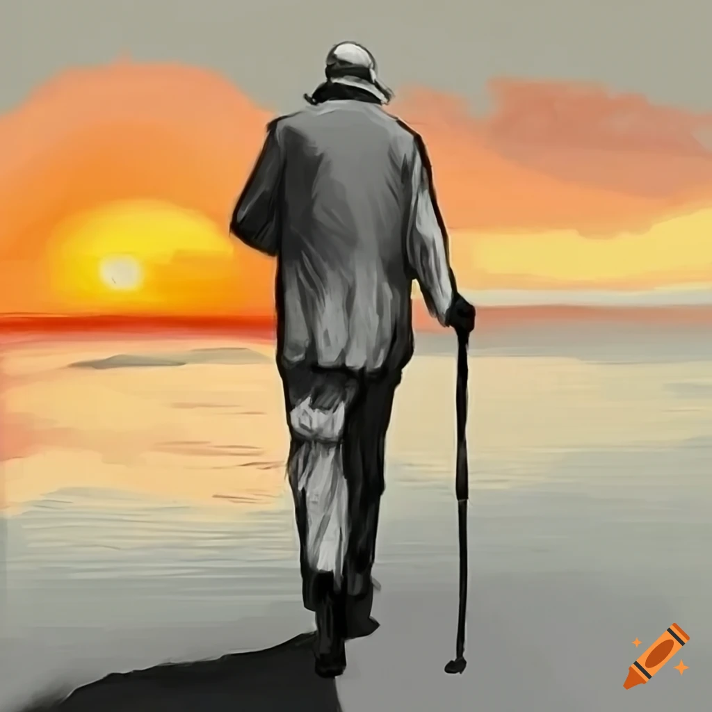 Painting of an old man with a cane walking towards the sunset on Craiyon