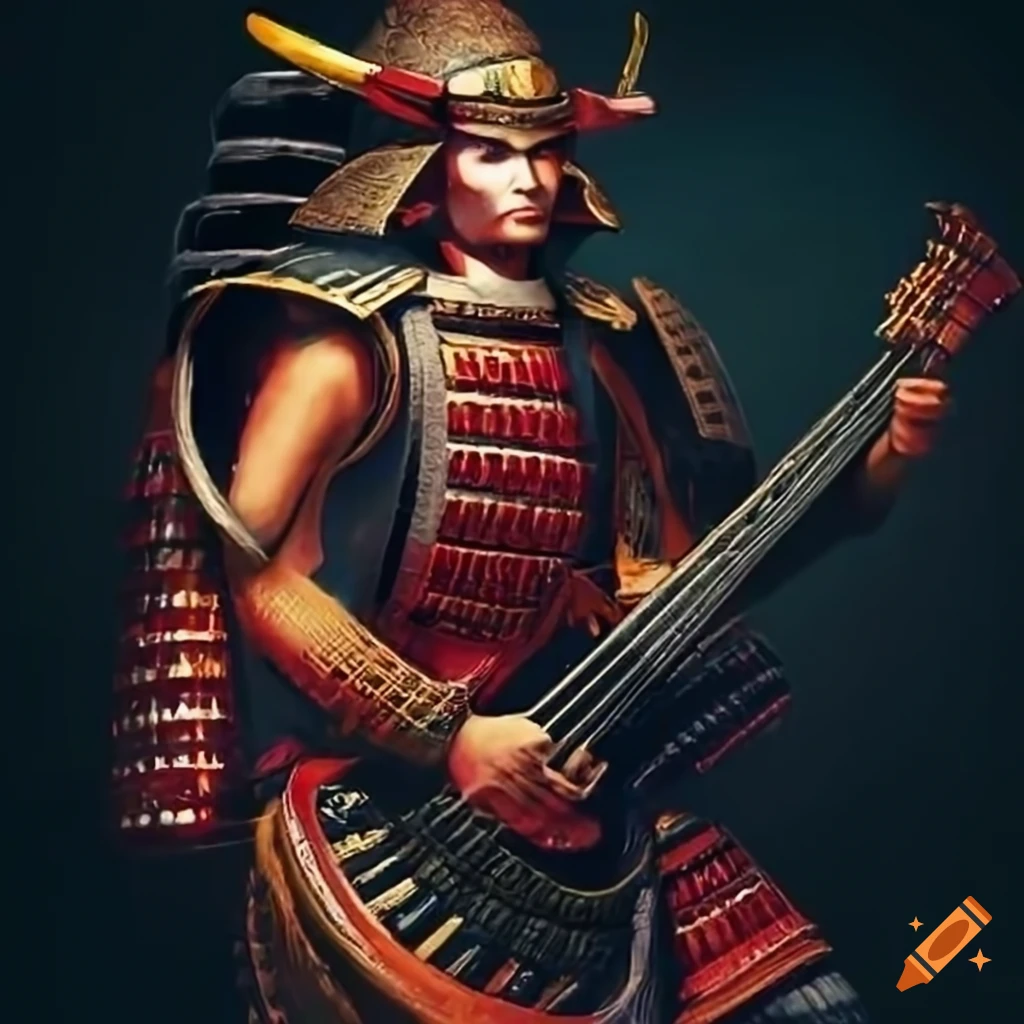 Samurai warrior playing a bass guitar on Craiyon