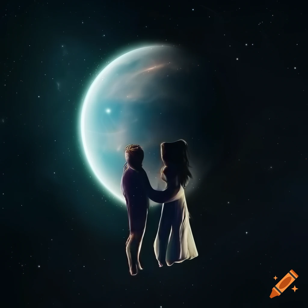 Romantic couple holding hands on a moon gazing at another planet in ...