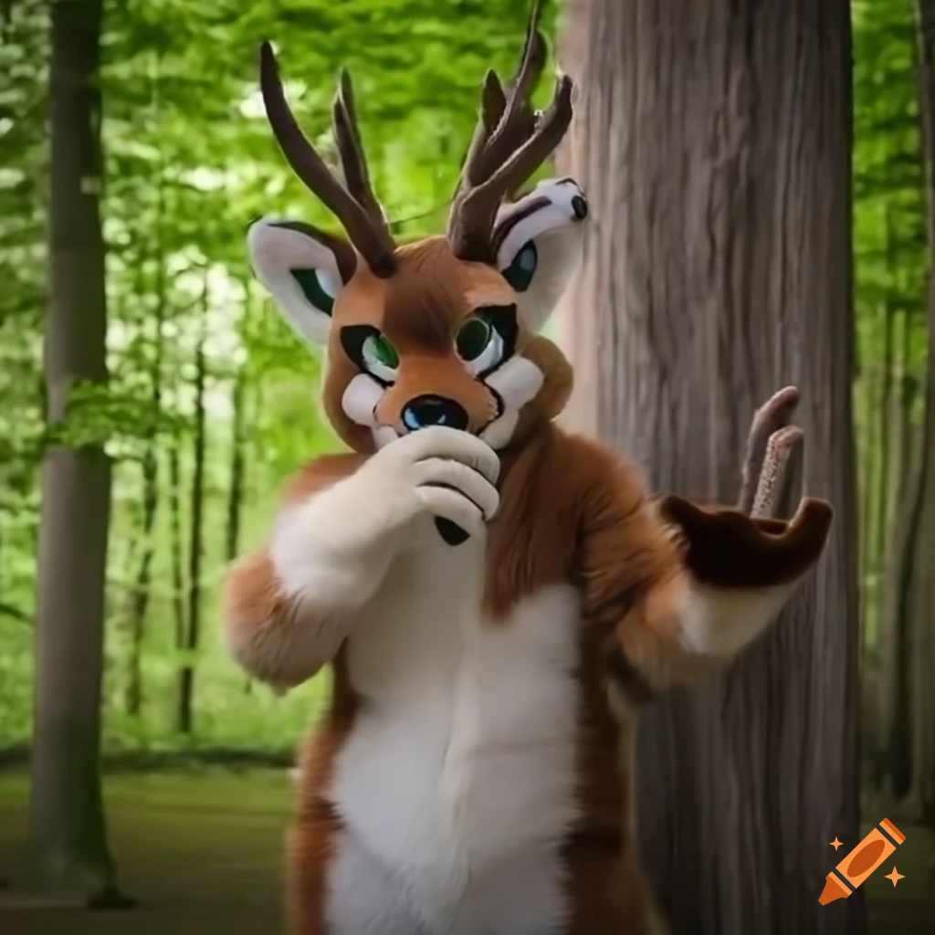 Tall dad wearing a deer fursuit in woodland with furry tail up on Craiyon