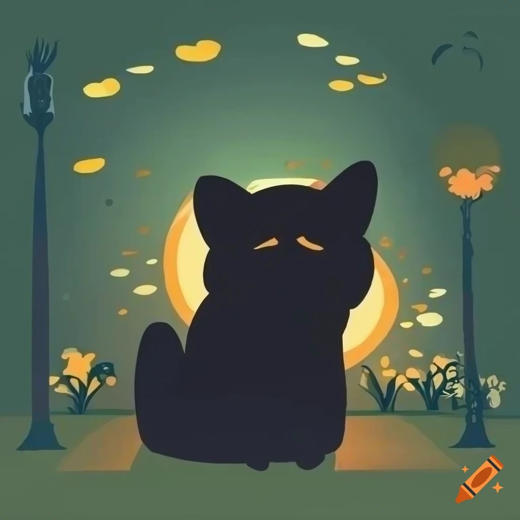 Sleepy silhouette of a black cat napping under the sun in a garden on ...