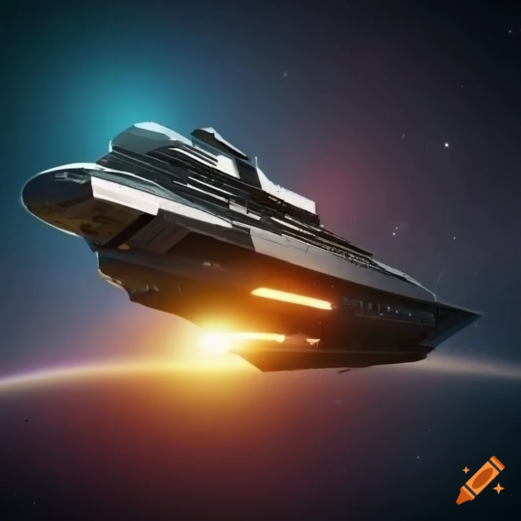 Futuristic space sailing ship between interstellar planets and stars on ...