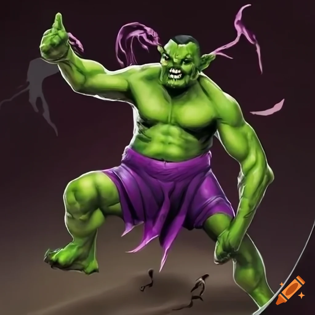 Green and purple orc dancing on a green serpent in a fantasy setting on ...