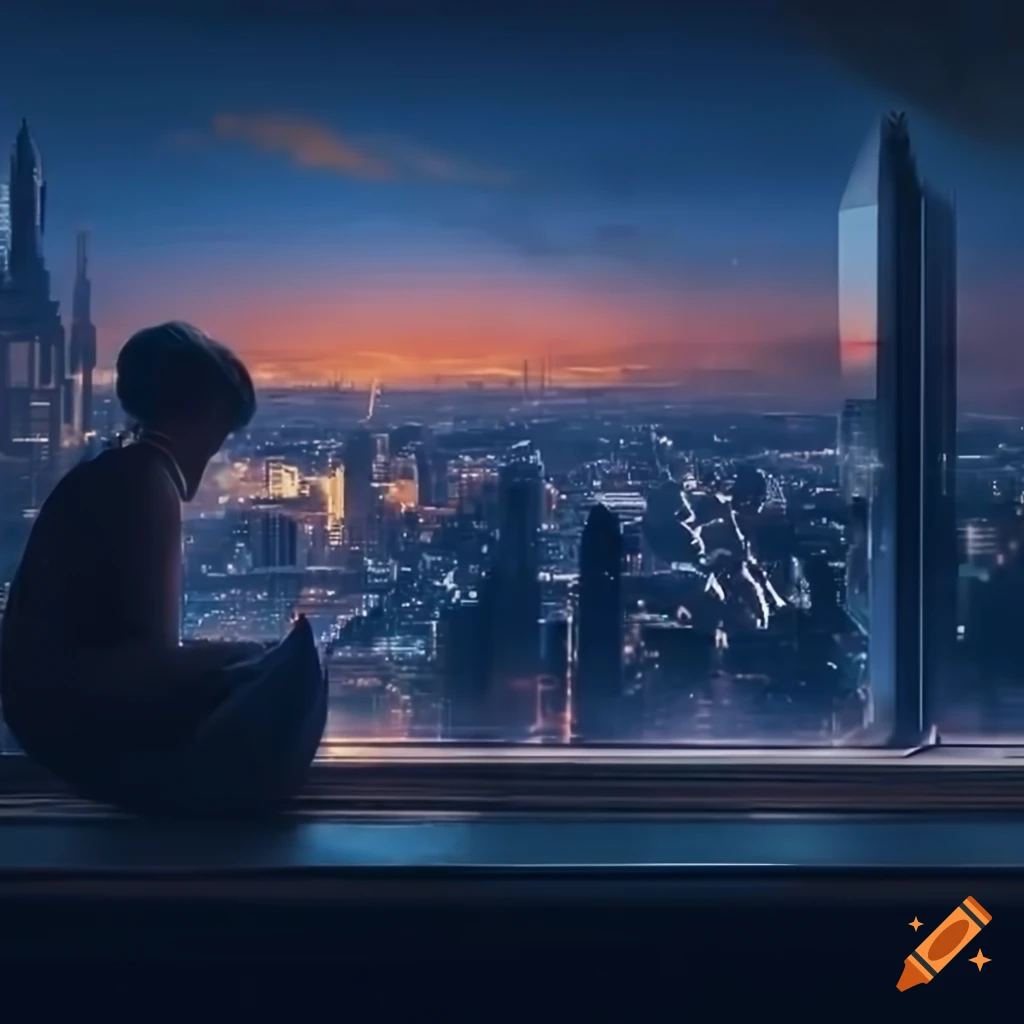 Man and woman by panorama window overlooking city lights, sky with ...