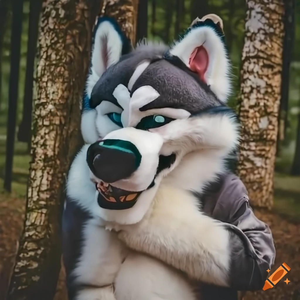 Close up of a dad in a husky fursuit hugging a tree in the woods on Craiyon