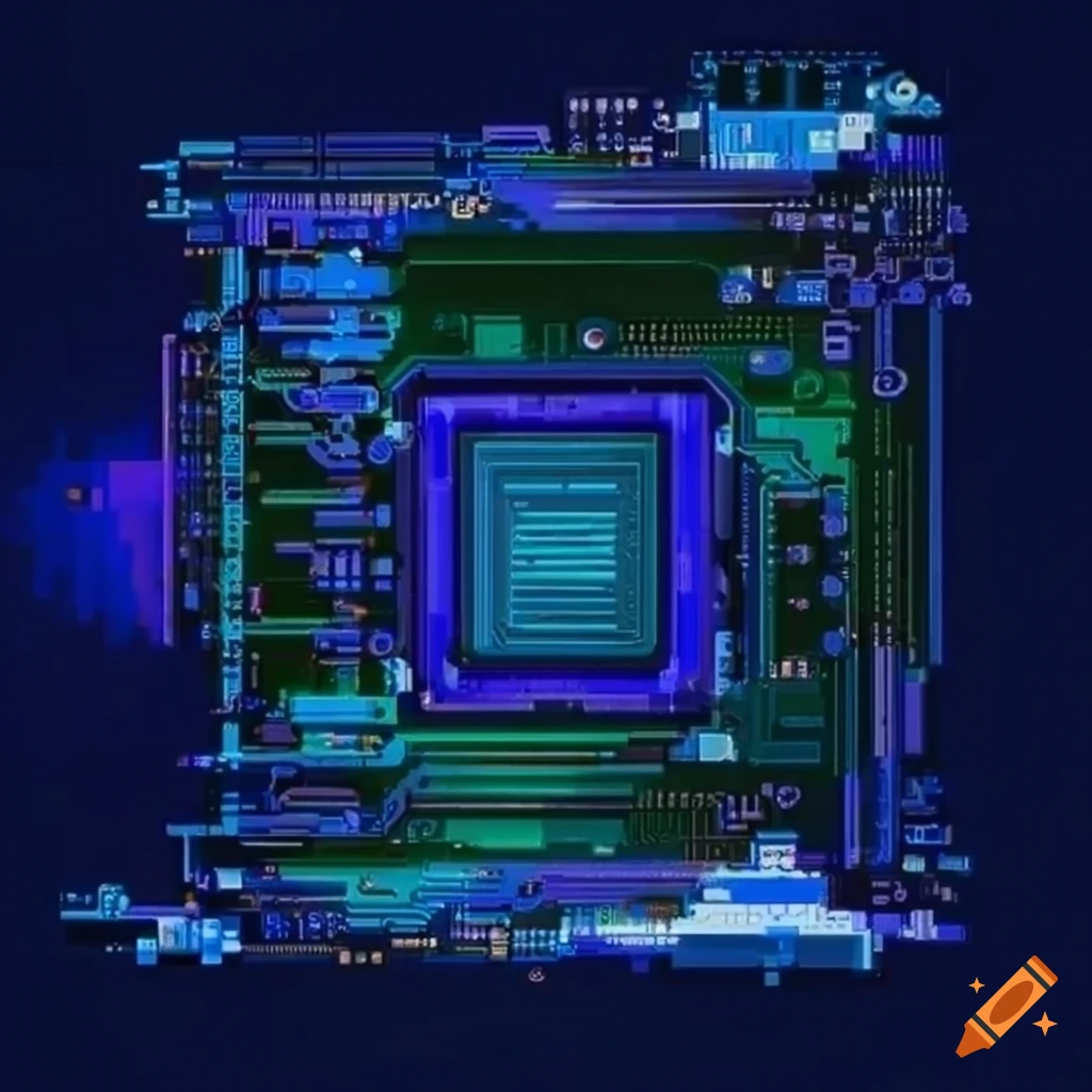 Close up of computer circuits and chips in detailed 16-bit pixel art ...