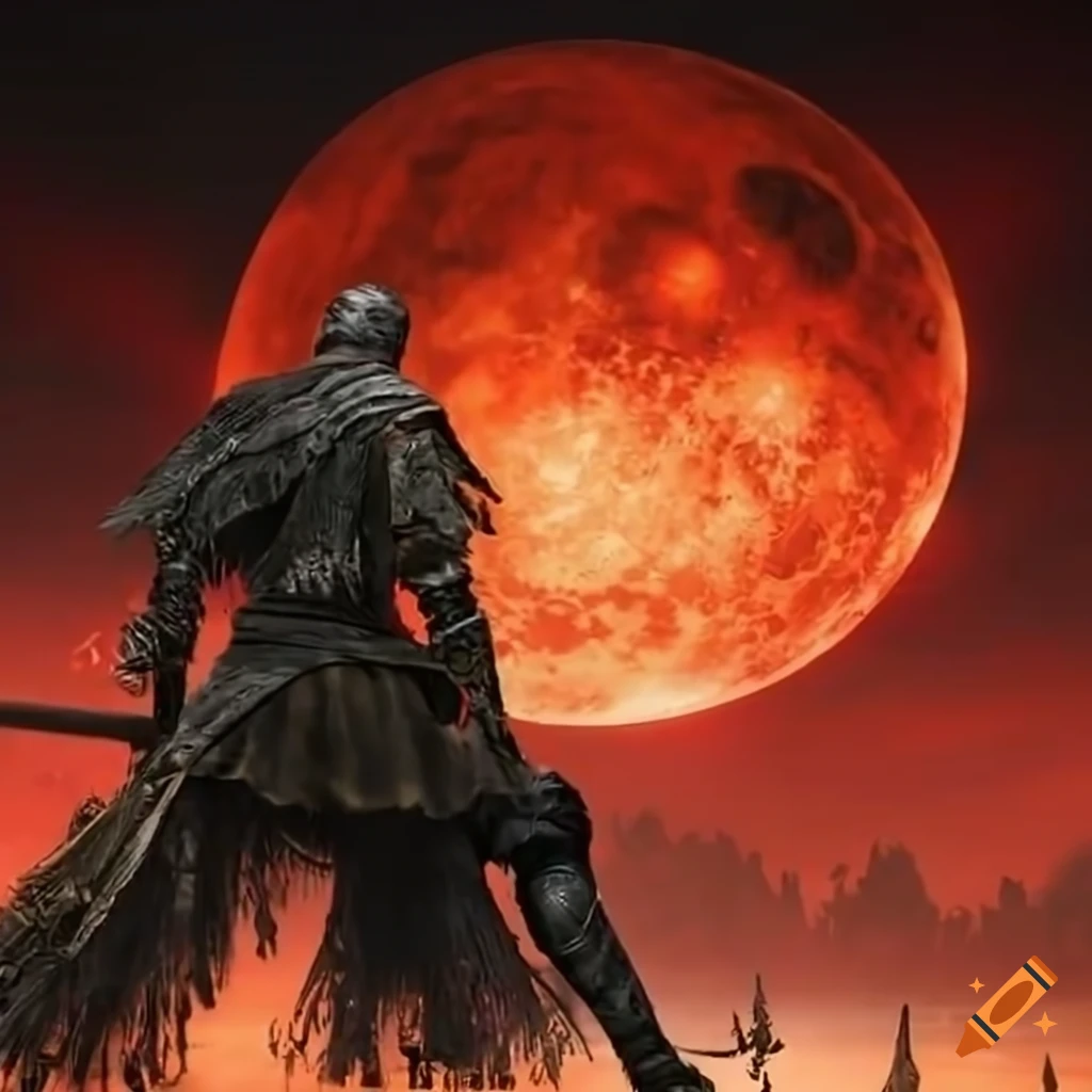 Elden ring and bloodborne characters battling under a blood moon on Craiyon