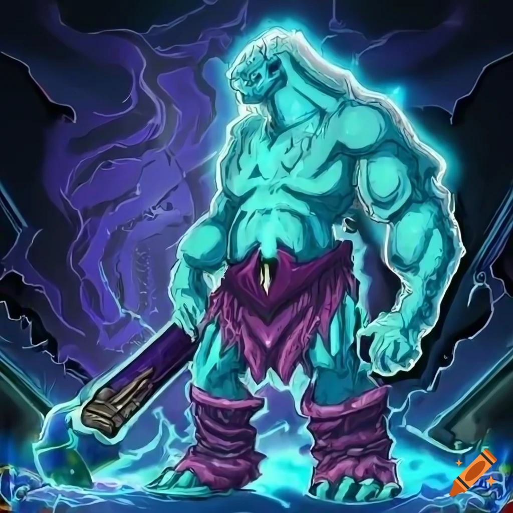 Ethereal ogre with glowing eyes and blue flames in a futuristic Yu-Gi ...