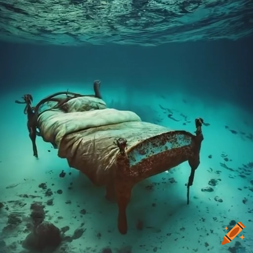 Rusty bed underwater on Craiyon