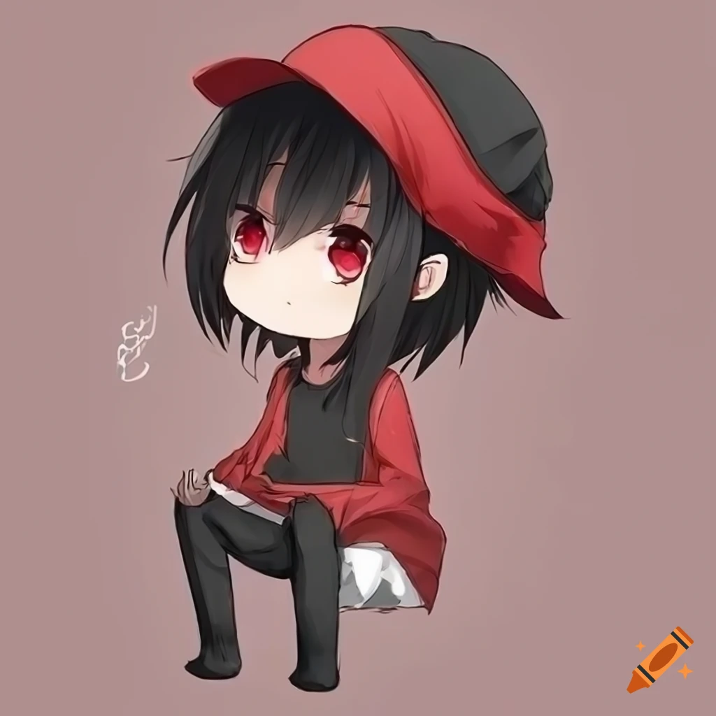 Anime chibi with black hair and red cap on Craiyon