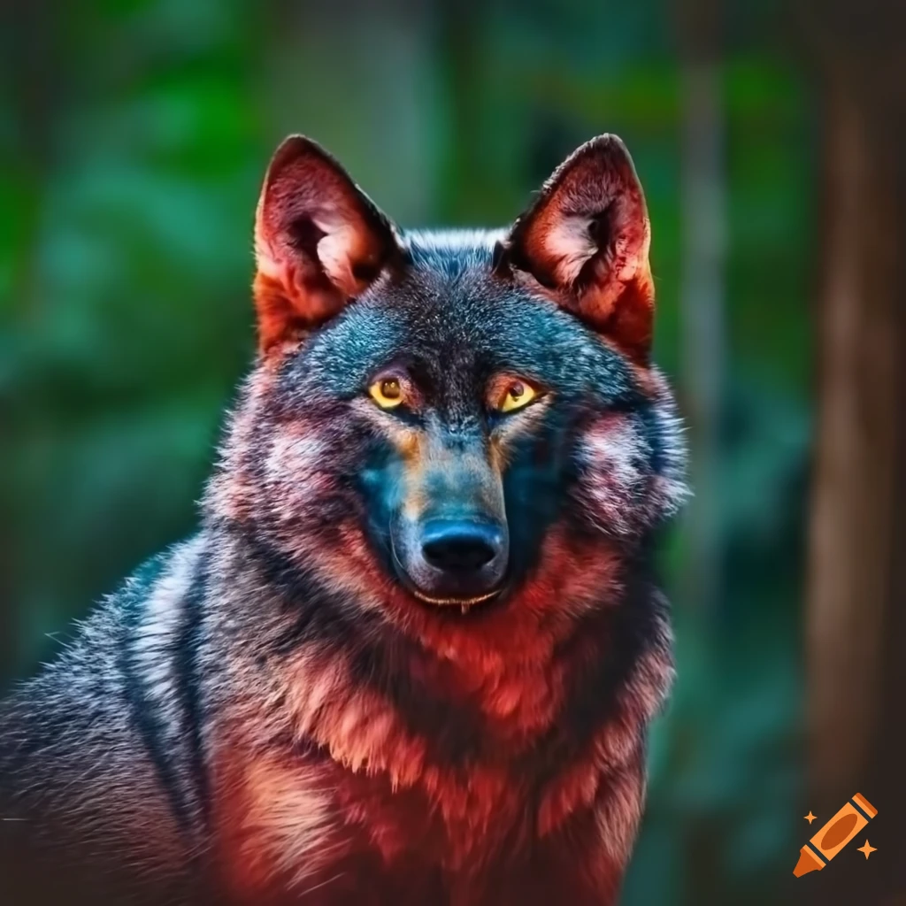 Atmospheric black wolf with red markings in the forest on Craiyon