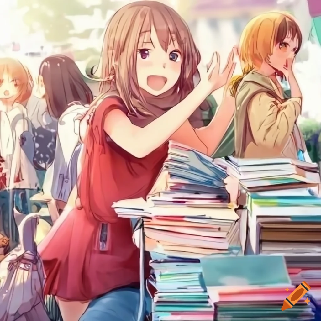 Cheerful anime girls reading science books at a crowded outdoor market ...