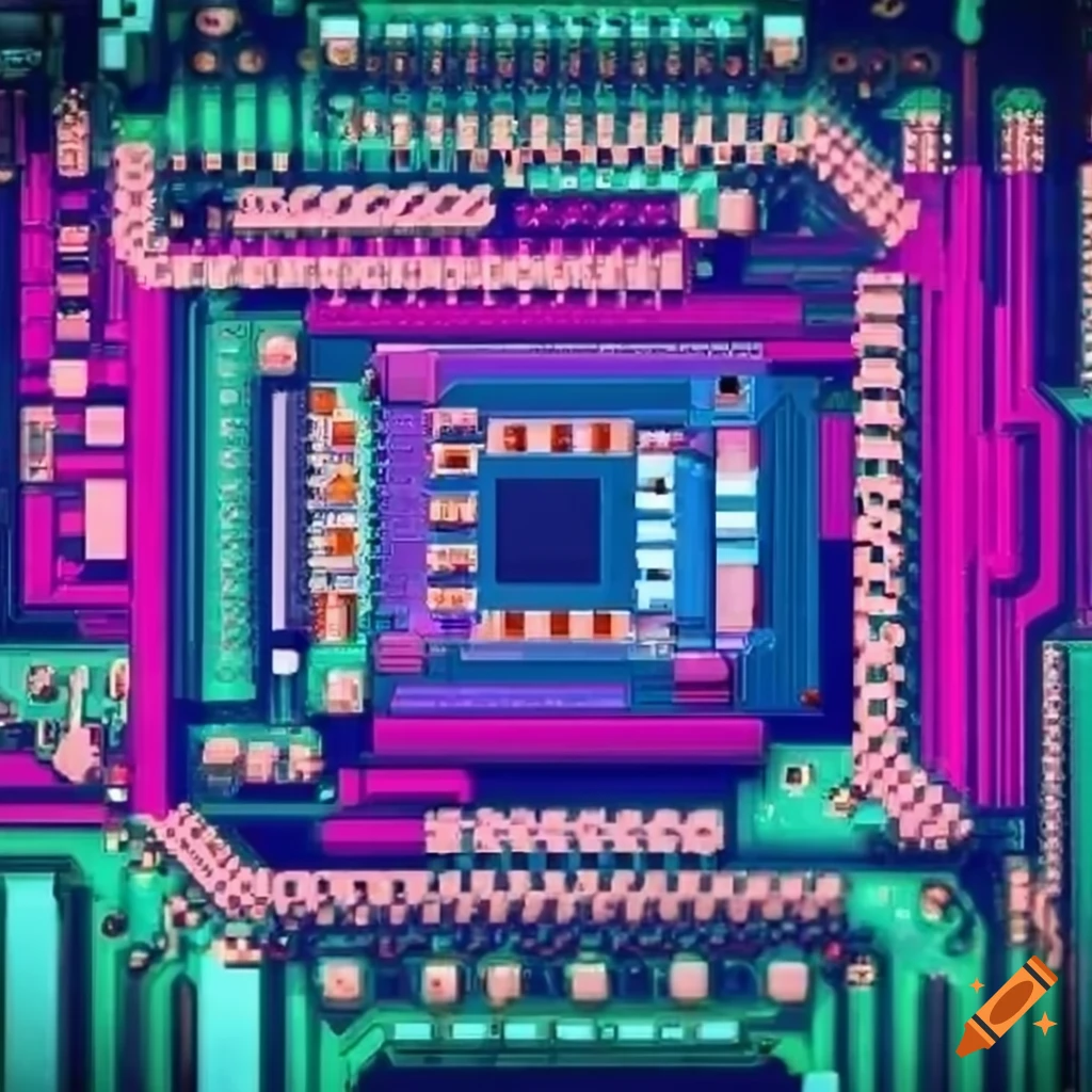 Close up of computer circuits and chips in detailed 16-bit pixel art ...