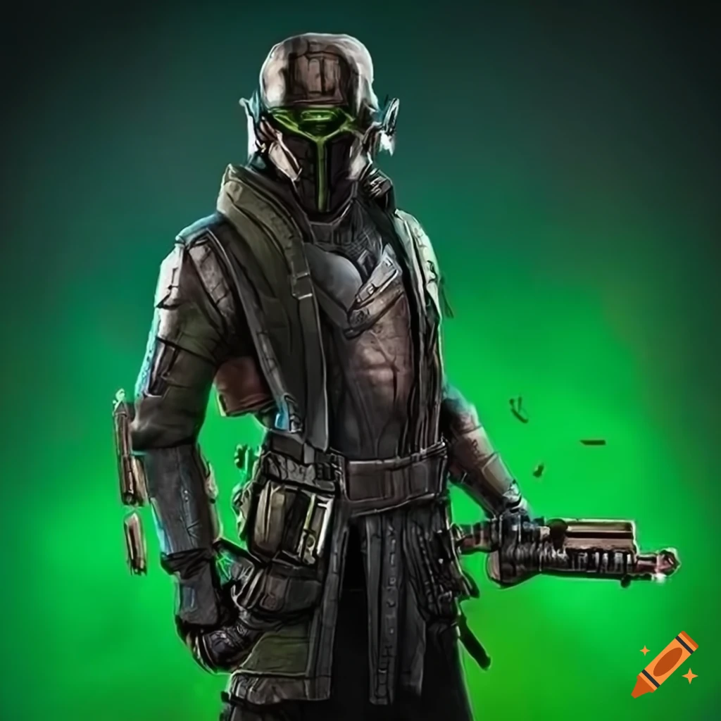 Male bounty hunter cyberpunk with guns and mask in green and black ...