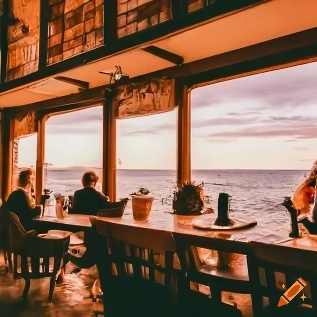 Cozy coastal cafe with fireplace and customers, overlooking the waves ...