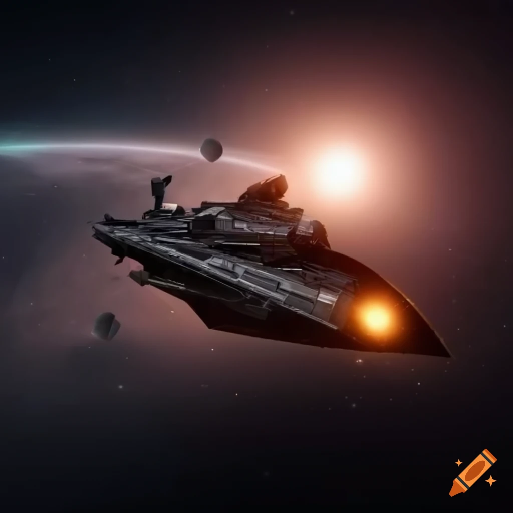 Futuristic space sailing ship between interstellar planets and stars on ...