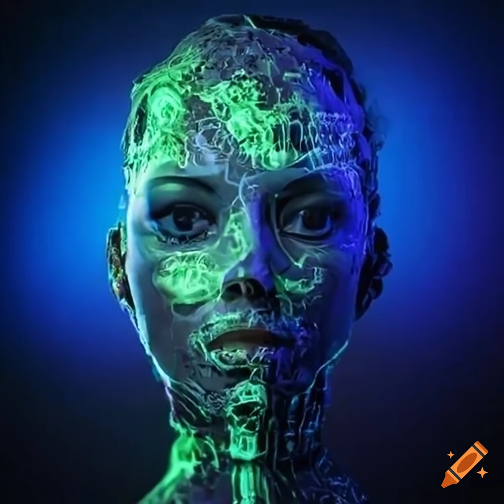 High-tech biopunk cyborg covered in glowing moss in futuristic ...