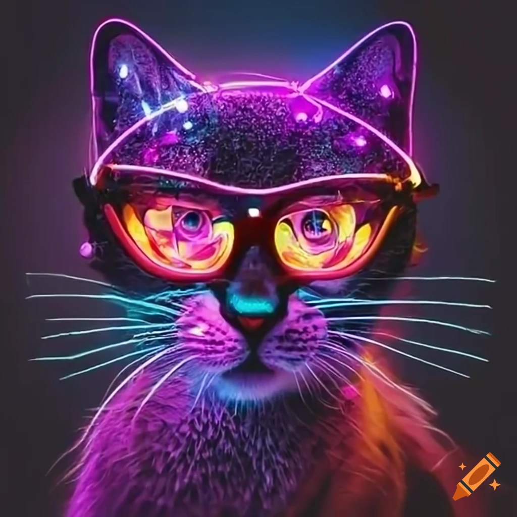 Black cat DJ with neon glow sticks and a dancing duo in a music setting ...