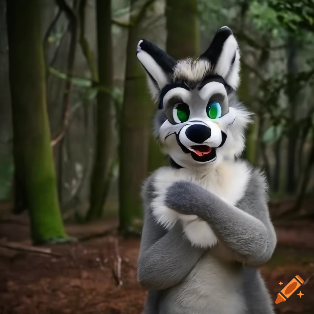 Tall dad in a wolf fursuit standing in a woodland setting on Craiyon