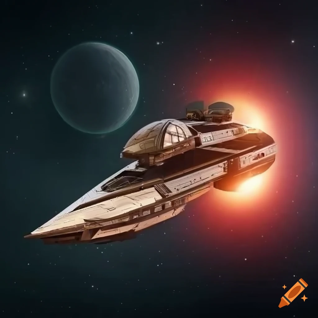 Futuristic space sailing ship between interstellar planets and stars on ...