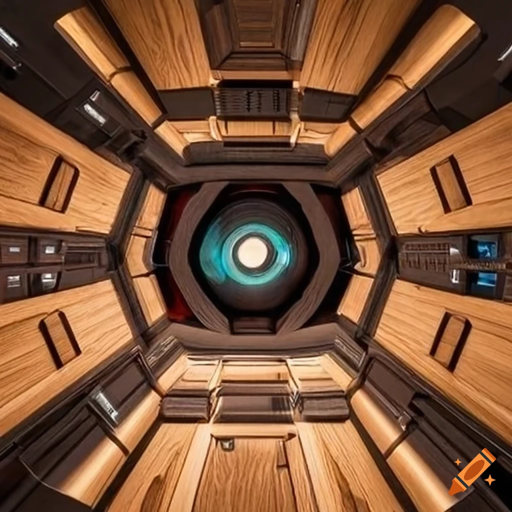 Polished oak wood interior of a spaceship on Craiyon