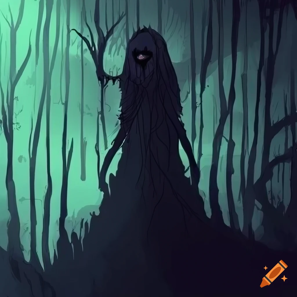 Gothic creature shadow standing over a dense forest outline in a sketch ...