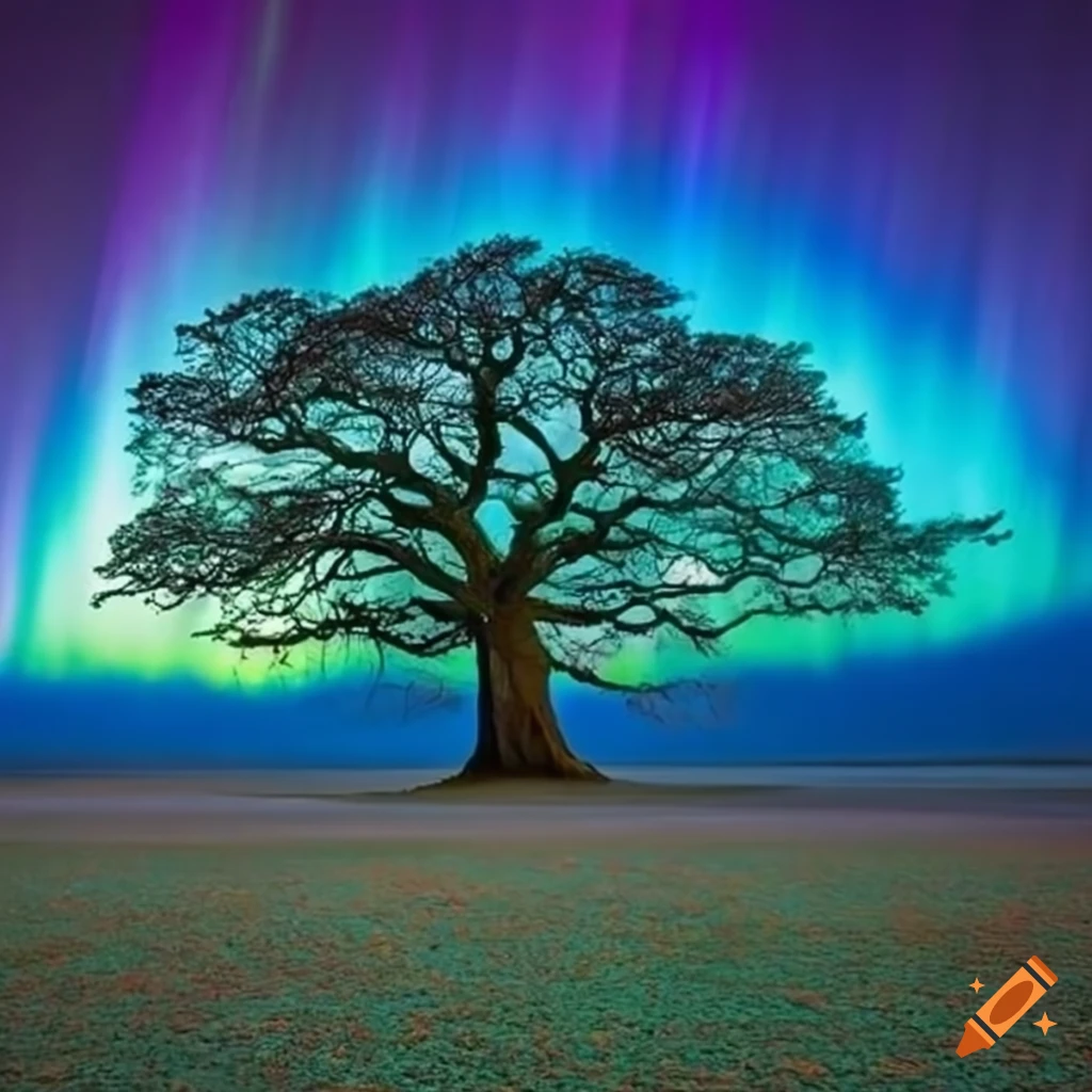 Giant turquoise-colored oak tree under the northern lights on Craiyon
