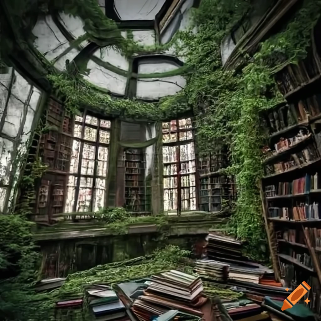 Epic ruin of a dark library dome with fallen books in an overgrown forest on Craiyon