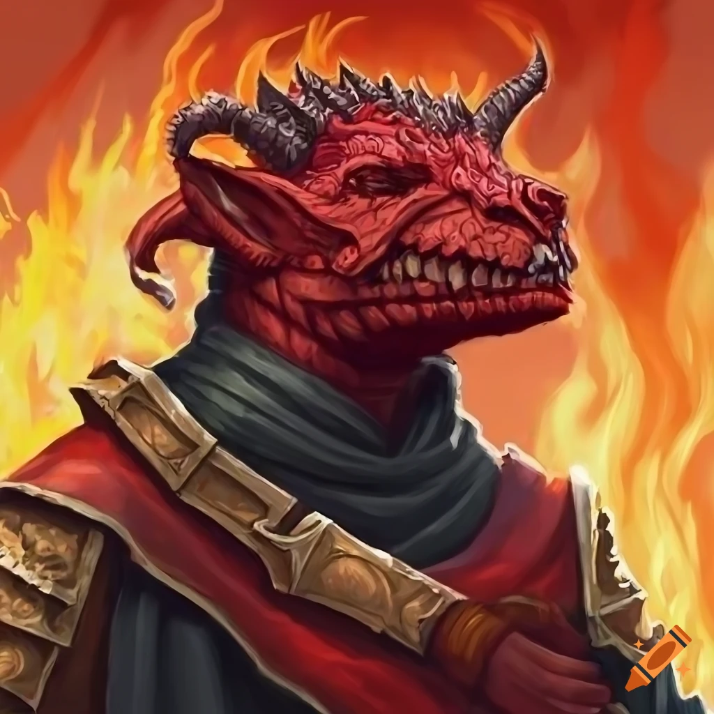 Intricate painting of Orik Flameheart, a determined red Dragonborn estate guard on Craiyon
