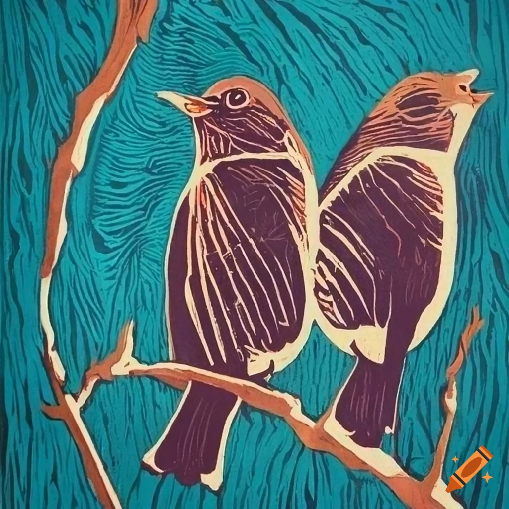 Linocut print of three singing birds on Craiyon