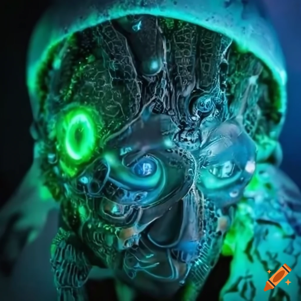 High-tech biopunk cyborg covered in glowing moss in a futuristic ...