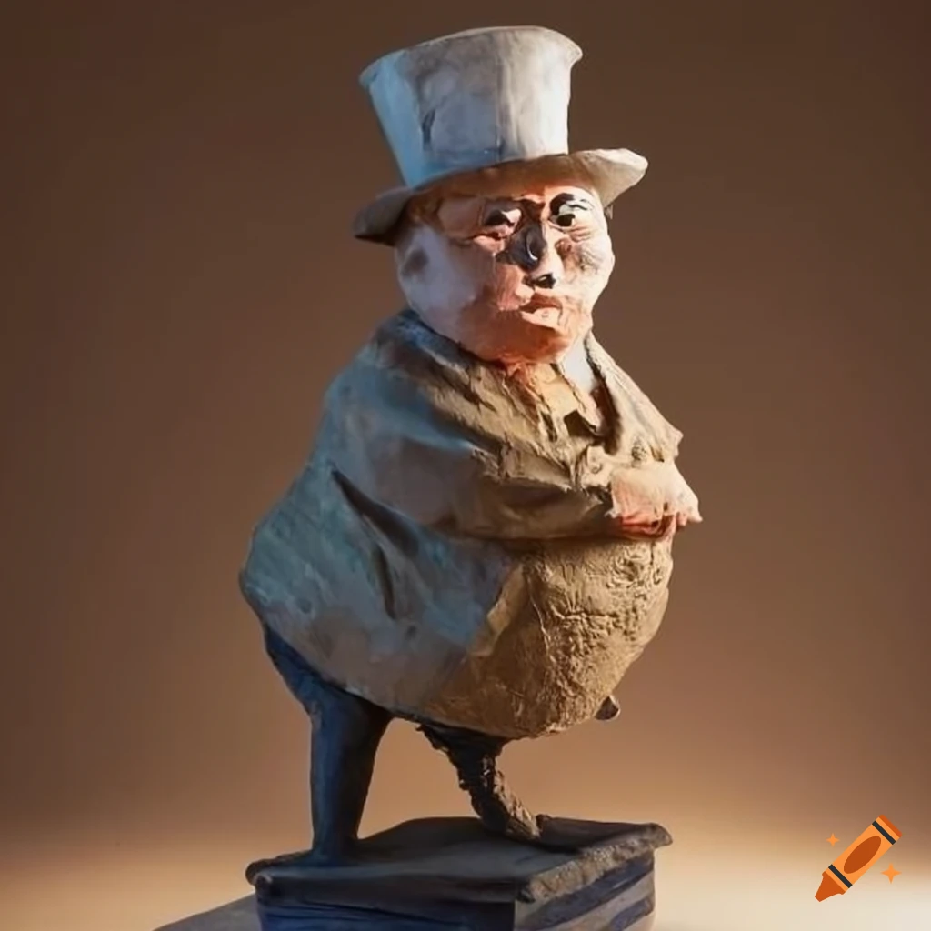 Detailed paper mache sculpture of a short fat man wearing a tall top ...