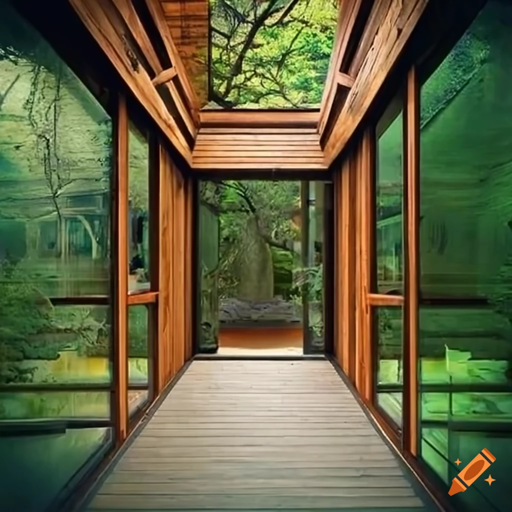 Japanese garden atrium with walls made from reclaimed windows on Craiyon