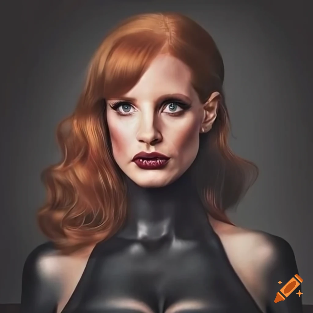 Jessica chastain in a shiny black catsuit pin-up style painting on Craiyon
