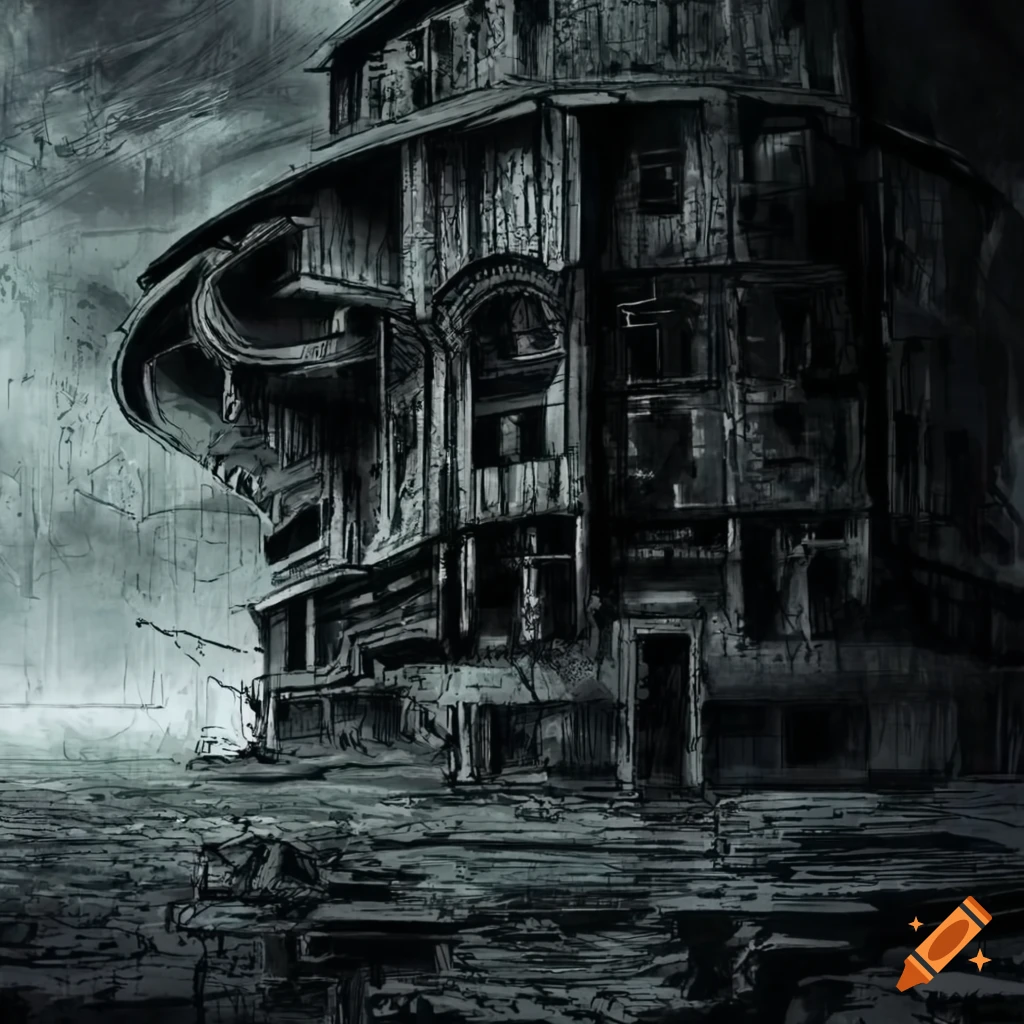 Exterior of an abandoned, sinister, and massive liminal megastructure ...