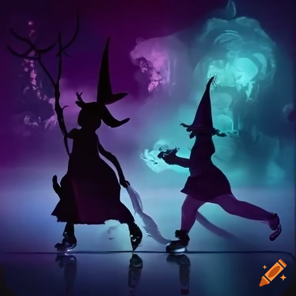 Wizard and witch roller skating on Craiyon
