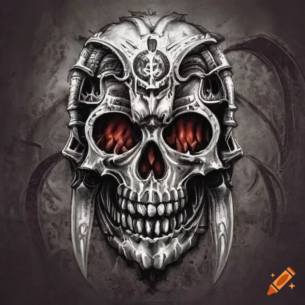 Biomechanical skull with bloody bandage in paul booth style on Craiyon