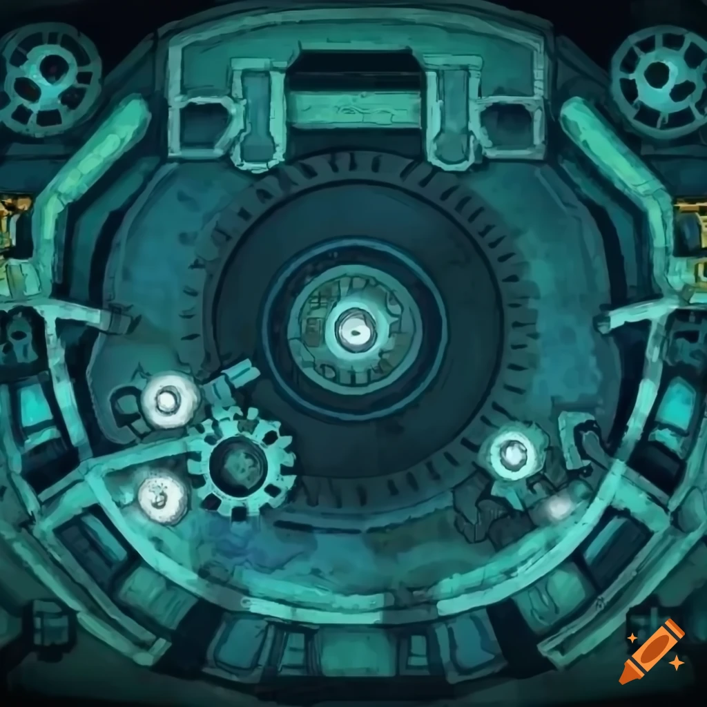 Interior of a machine with gears and piston in a dnd map style on Craiyon