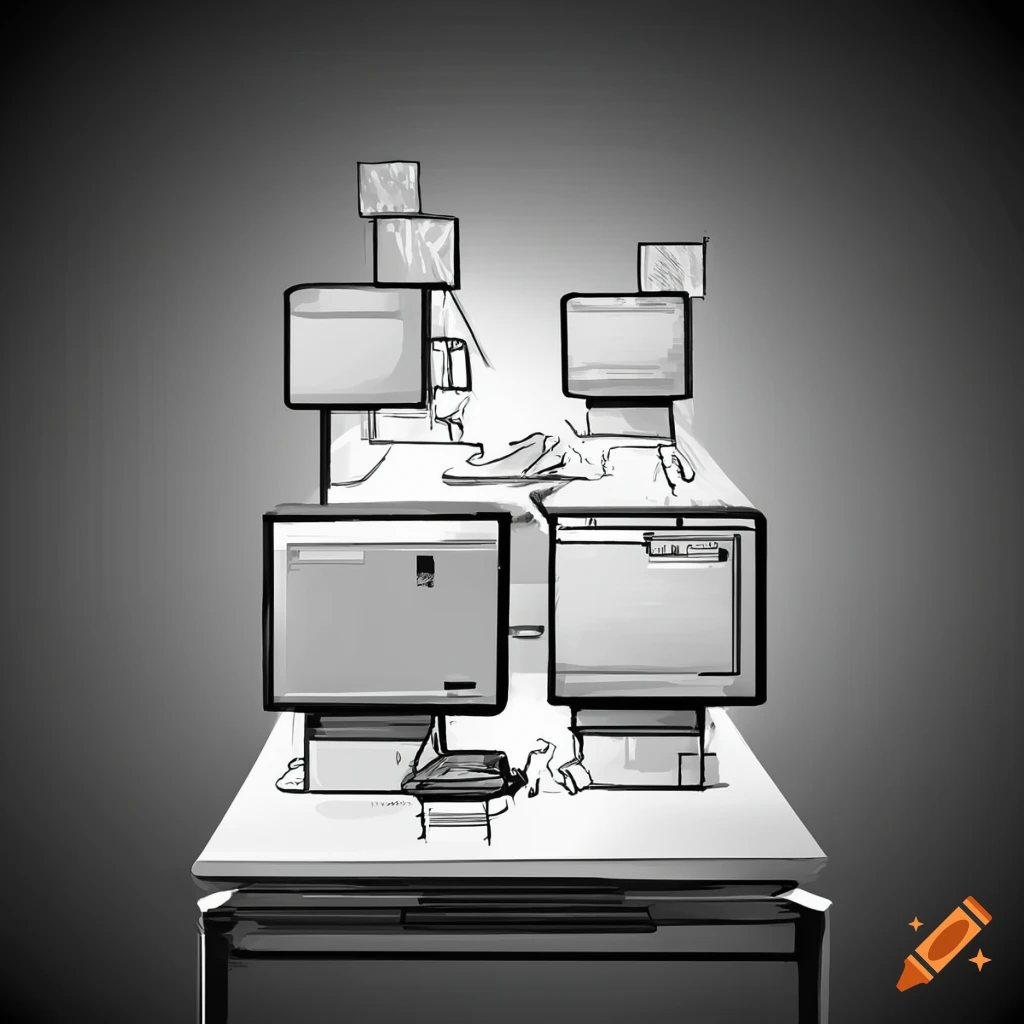 Illustration of people working at computers in black and white on Craiyon