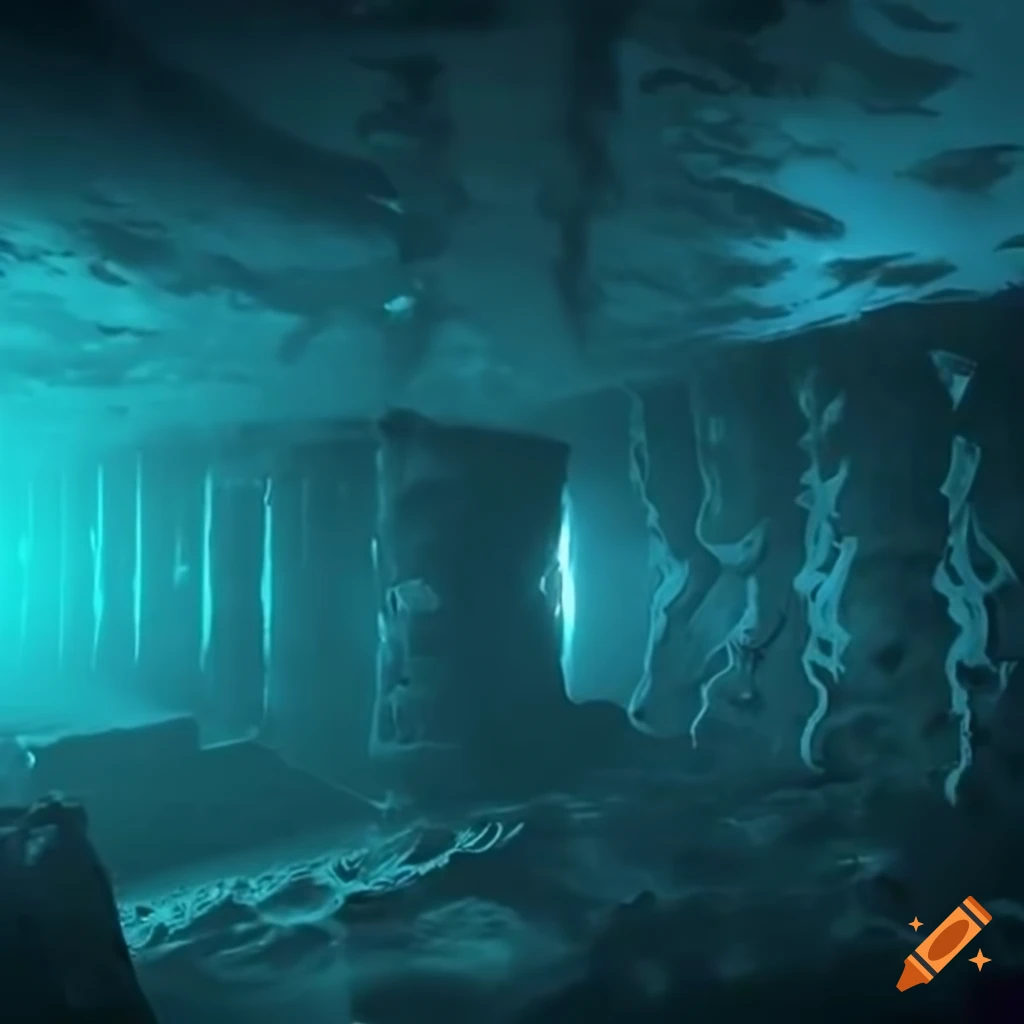 Dimly lit bunker beneath the ocean with metallic walls under pressure ...