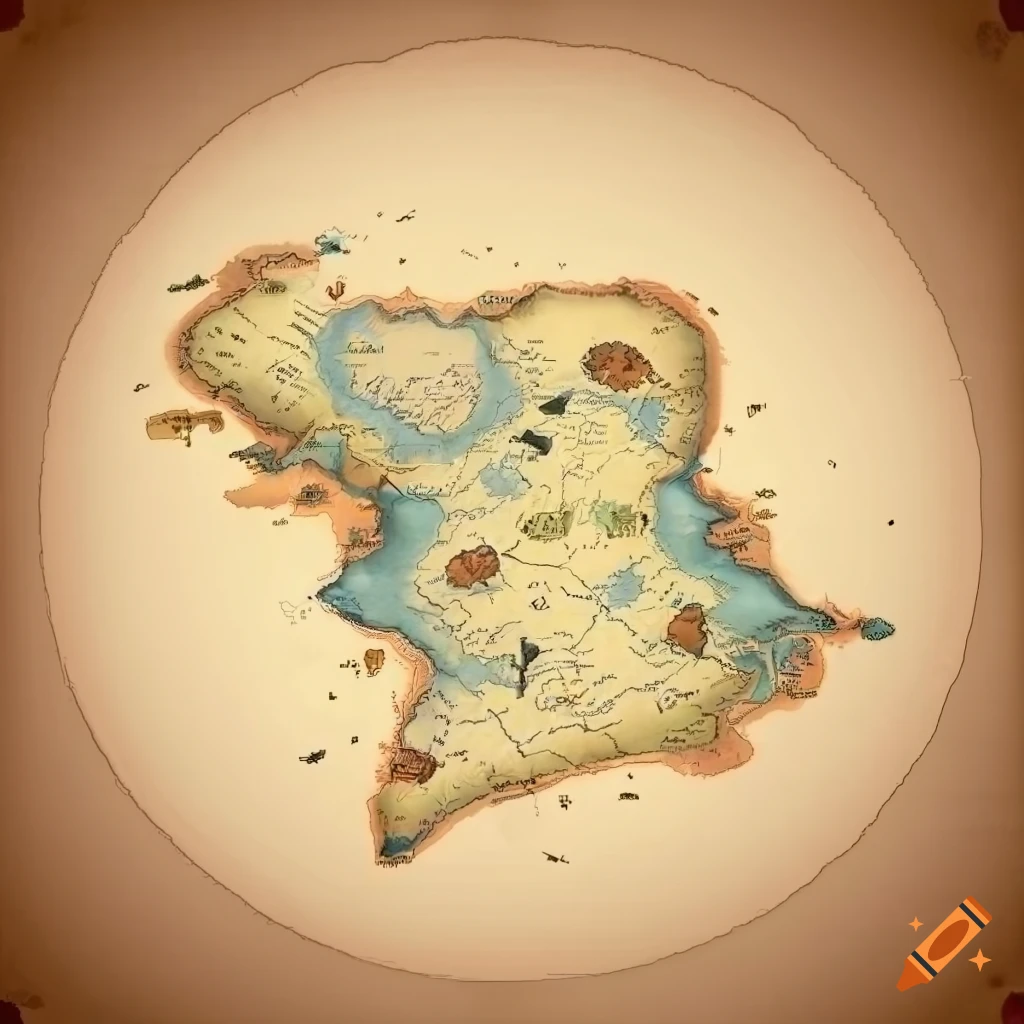 Fantasy map depicting six distinct regions and colonies on Craiyon