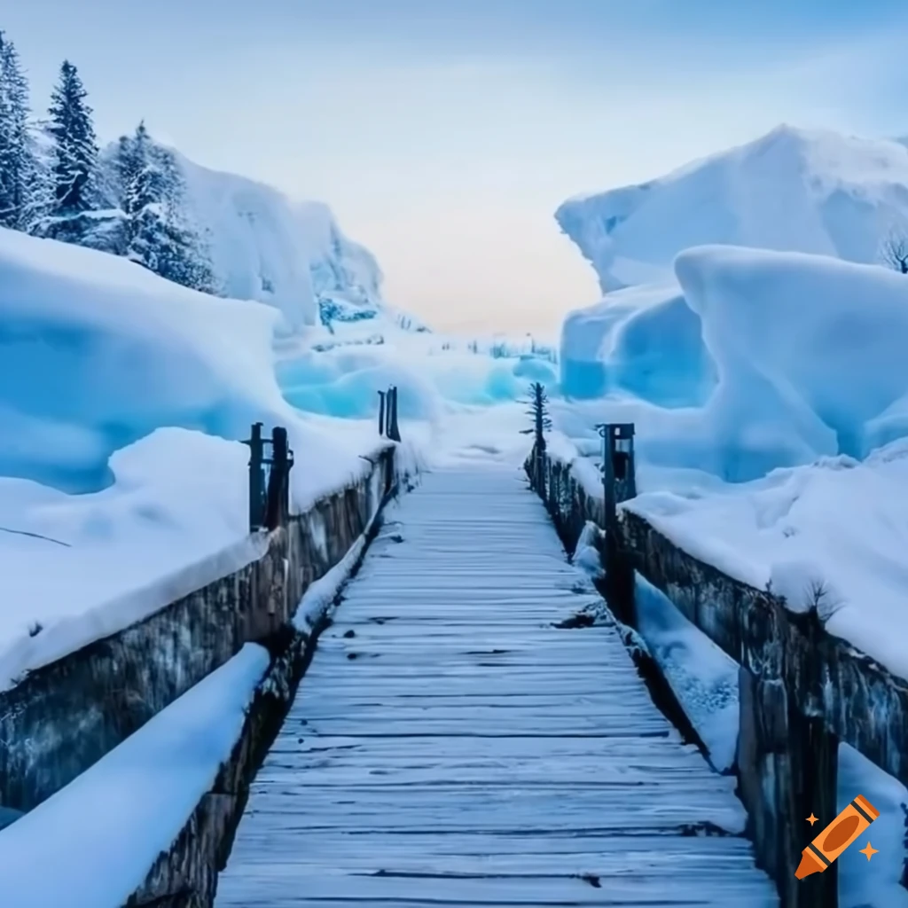 Serene winter scene with wooden bridge over deep crevasse in snow ...