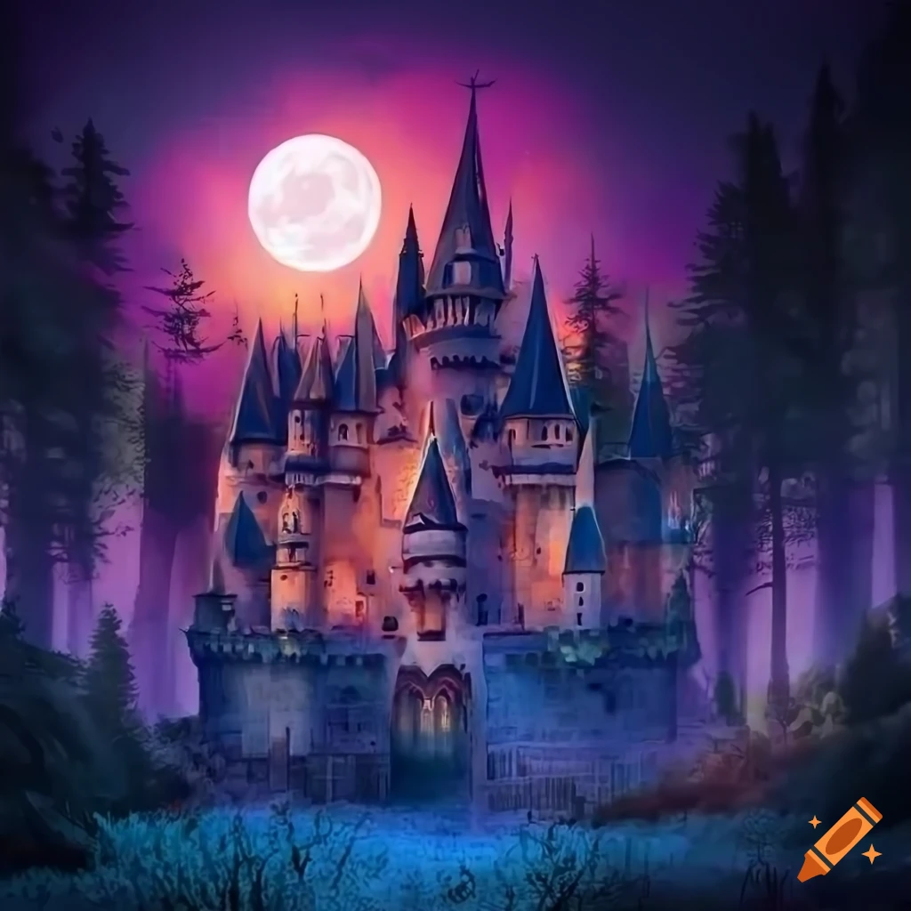 Castle in moonlight with colorful forest, highly detailed on Craiyon