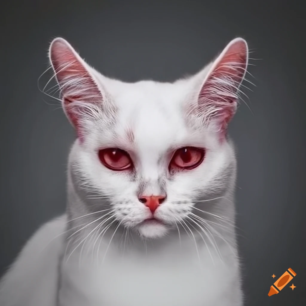Snow white cat with maroon eyes and a black tint over its body on Craiyon