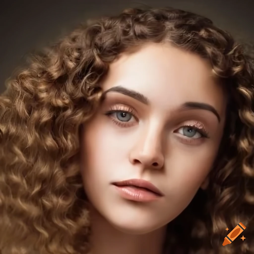 Portrait of a young jewish woman with curly ash brown hair and gray eyes on Craiyon