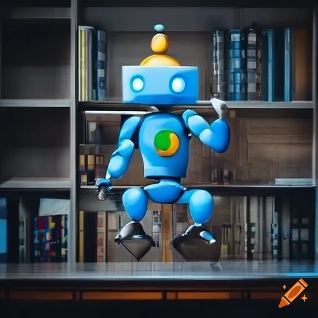 Genie robot with google logo in front of a bookshelf on Craiyon