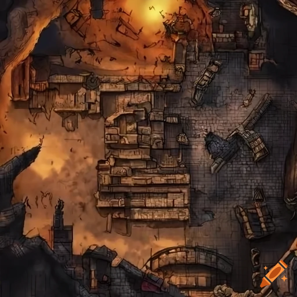 Half-destroyed outpost with broken machinery and dead bodies in a d&d battle map on Craiyon