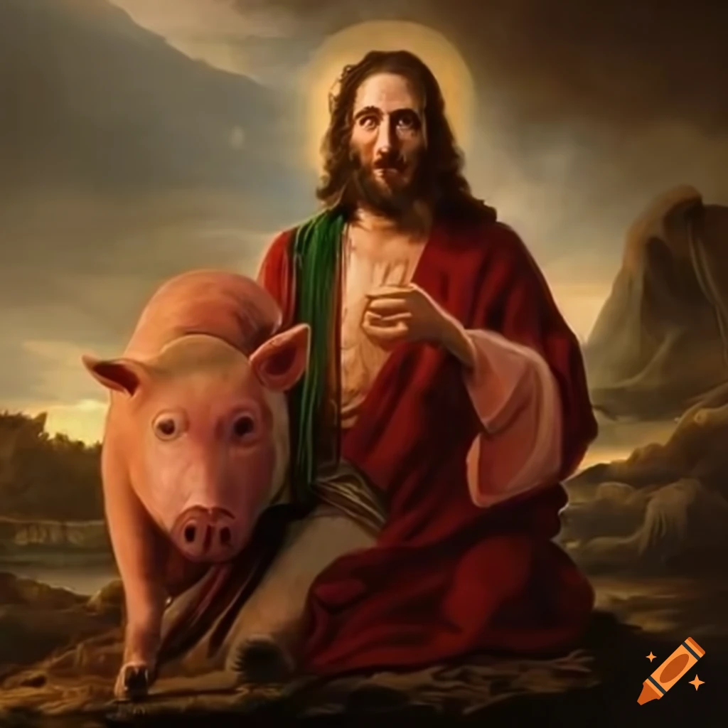 Religious figure riding a pig on Craiyon